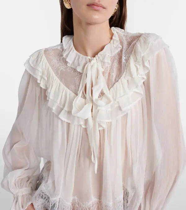 SELF-PORTRAIT Gathered Georgette And Lace Blouse