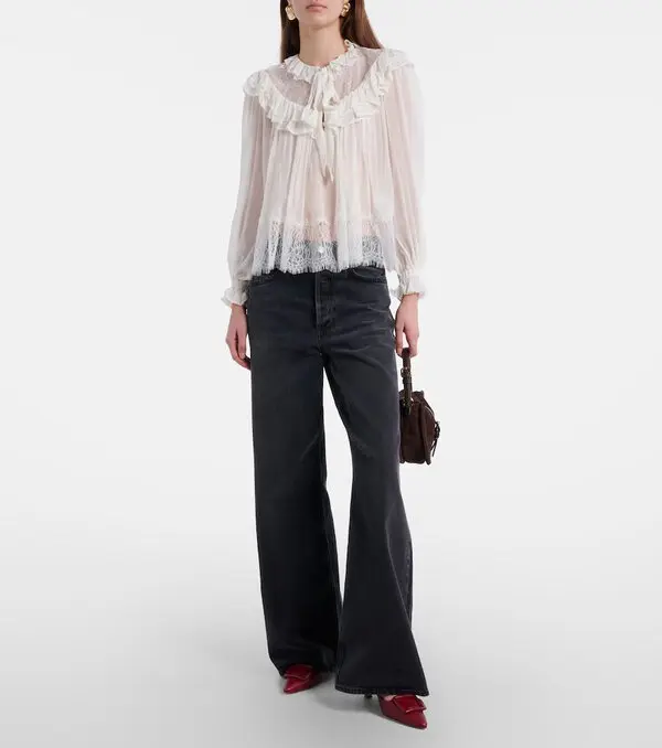 SELF-PORTRAIT Gathered Georgette And Lace Blouse