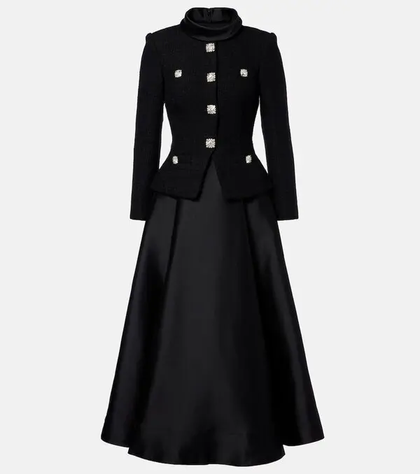 SELF-PORTRAIT Boucle Taffeta Midi Dress - Black