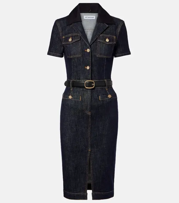 SELF-PORTRAIT Belted Denim Midi Dress