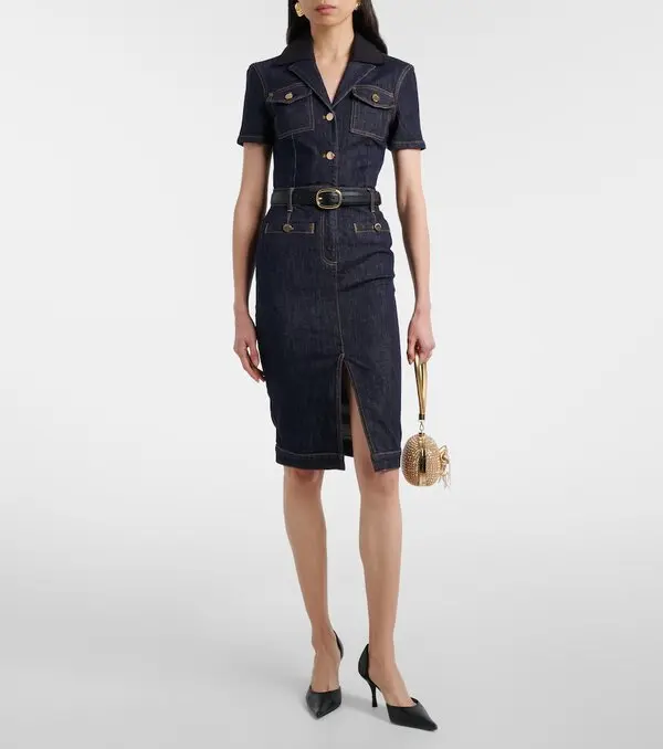SELF-PORTRAIT Belted Denim Midi Dress