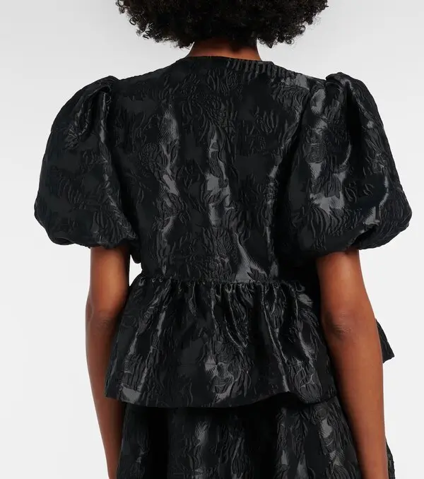 GANNI Bow-detail Floral Peplum Blouse - Black