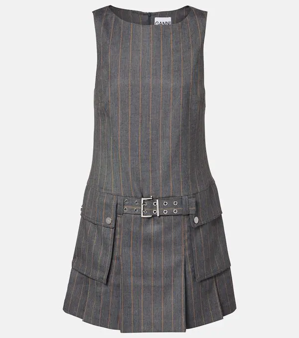 GANNI Belted Pinstripe Mini Dress