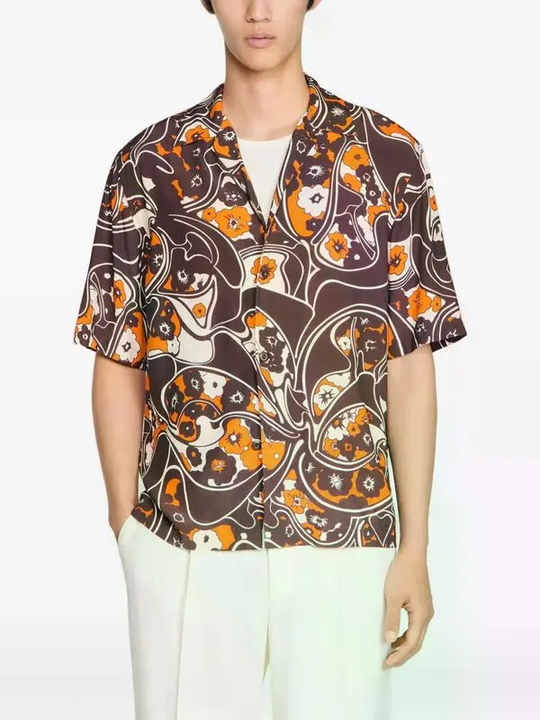 Sandro Loose-fit Print Shark Collar Shirt - Brown