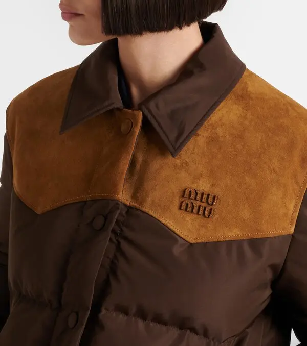 Miu Miu Suede-trimmed Ponge Down Jacket - Brown