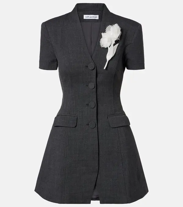 SELF-PORTRAIT Floral-appliqué Mini Dress - Grey