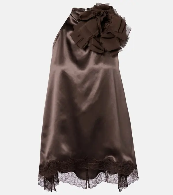 Magda Butrym Silk Satin Floral Applique Lace Trimmed Top - Brown