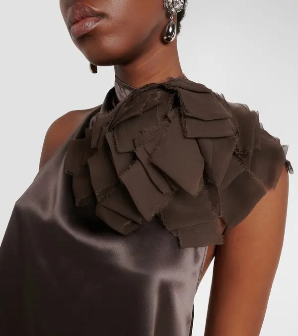 Magda Butrym Silk Satin Floral Applique Lace Trimmed Top - Brown