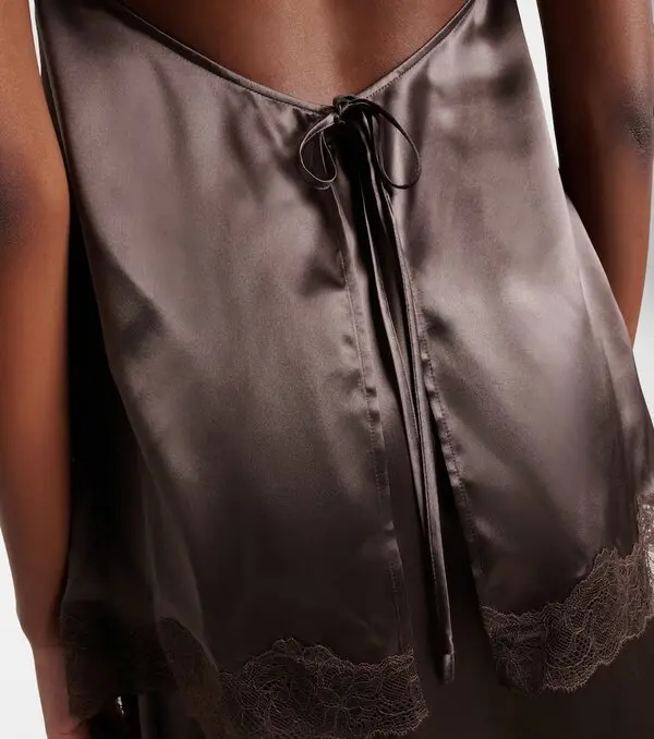 Magda Butrym Silk Satin Floral Applique Lace Trimmed Top - Brown