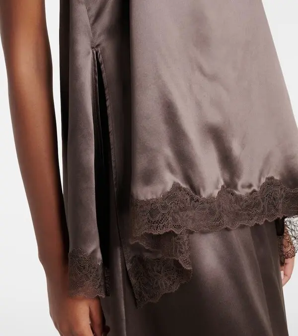 Magda Butrym Silk Satin Floral Applique Lace Trimmed Top - Brown