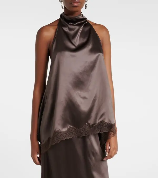 Magda Butrym Silk Satin Floral Applique Lace Trimmed Top - Brown