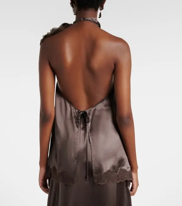 Magda Butrym Silk Satin Floral Applique Lace Trimmed Top - Brown