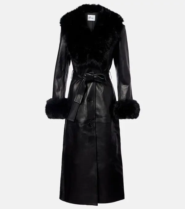 SELF-PORTRAIT Belted Leather Coat With Fur Trim