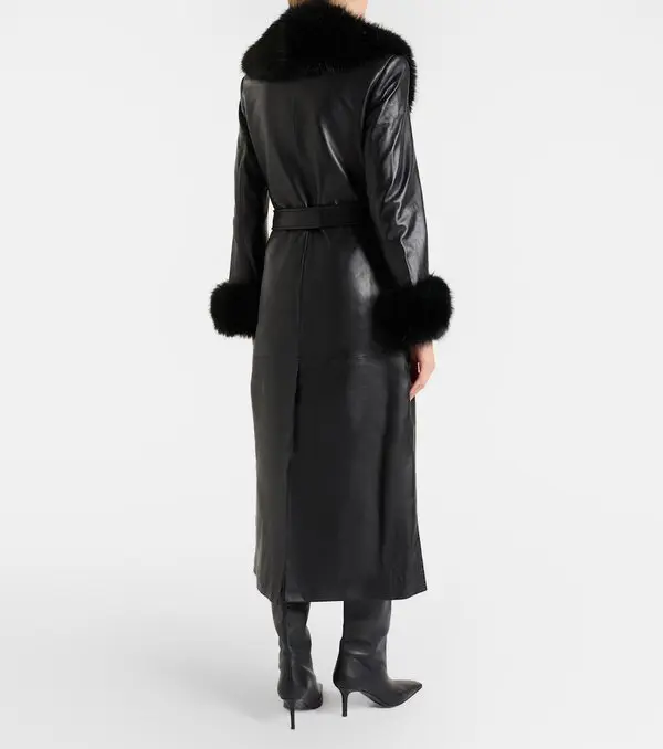 SELF-PORTRAIT Belted Leather Coat With Fur Trim