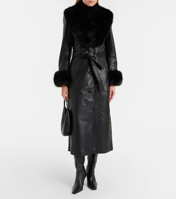 SELF-PORTRAIT Belted Leather Coat With Fur Trim