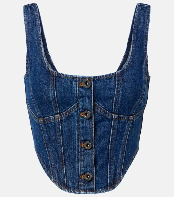 SELF-PORTRAIT Embellished Denim Corset Top - Blue
