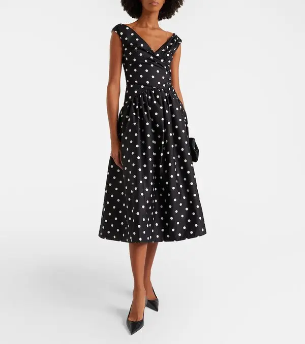 SELF-PORTRAIT Polka-dot Off-shoulder Midi Dress - Black