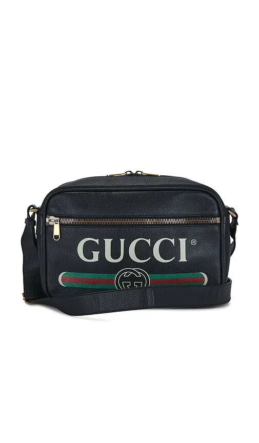 FWRD RENEW Gucci Logo Messenger Bag In Calfskin Leather - Black