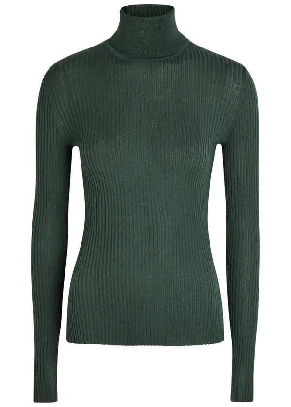 Gabriela Hearst Ribbed Roll Neck Cashmere Blend Top - Green