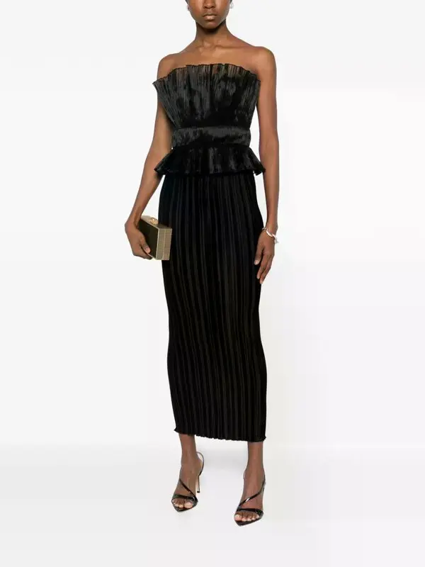 L'IDEE Pleated Ruffled Strapless Midi Dress - Black