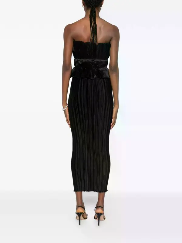 L'IDEE Pleated Ruffled Strapless Midi Dress