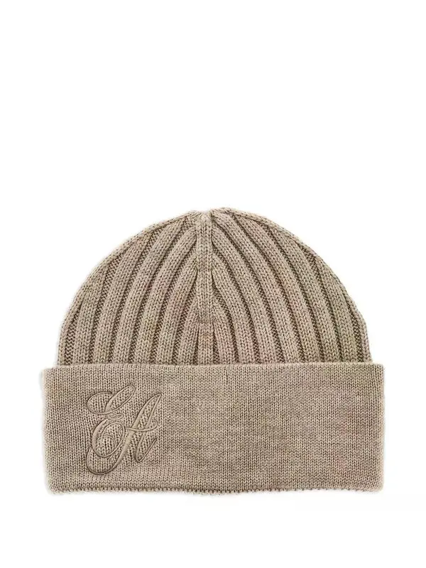 Emporio Armani Embroidered Ribbed Beanie Hat - Neutrals