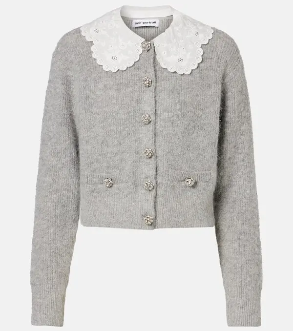 SELF-PORTRAIT Embellished Lace-trimmed Cardigan In Heather - Grey