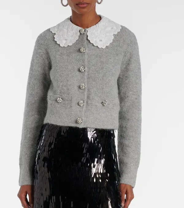 SELF-PORTRAIT Embellished Lace-trimmed Cardigan In Heather