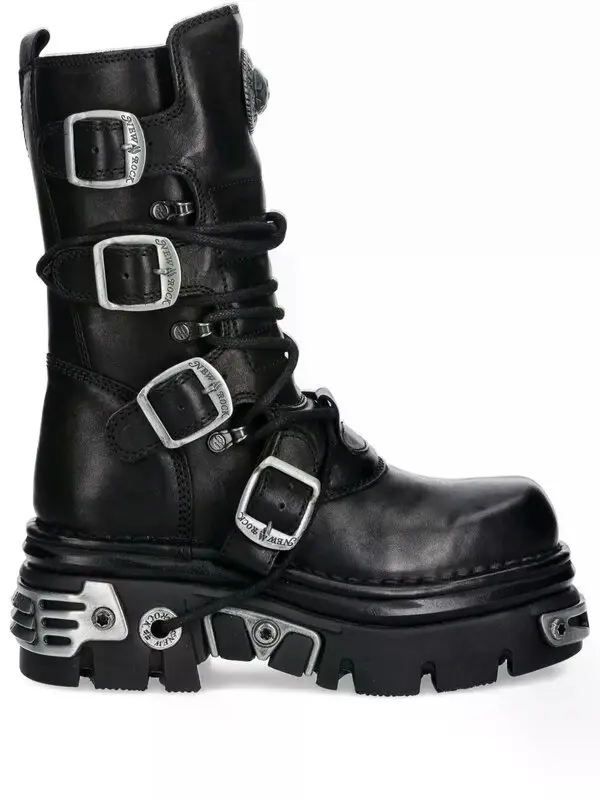 NEW ROCK 70mm Platform Leather Boots With Buckle And Lace-up Detail