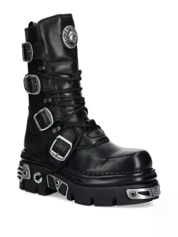 NEW ROCK 70mm Platform Leather Boots With Buckle And Lace-up Detail