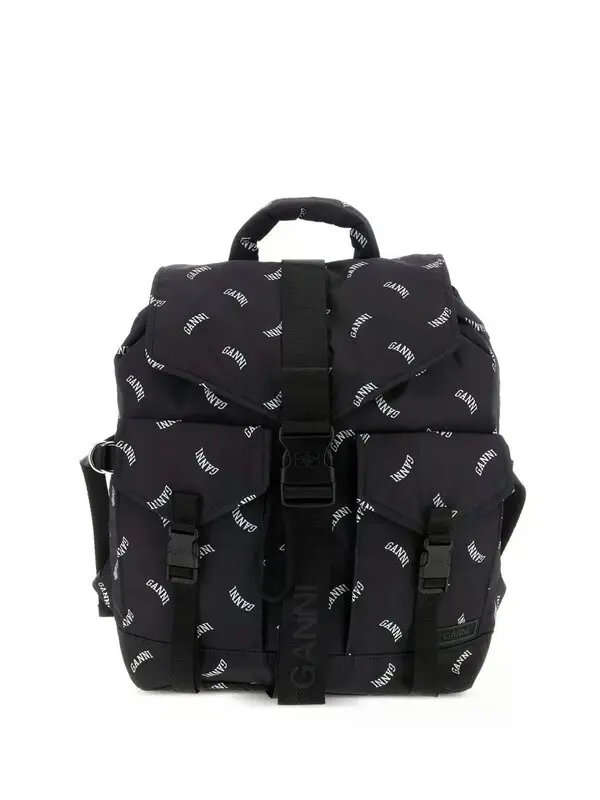 GANNI Logo Print Buckle Backpack - Black