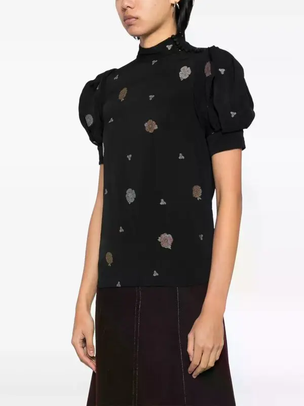 Chloé Embroidered High-neck Bishop Sleeve Silk Top