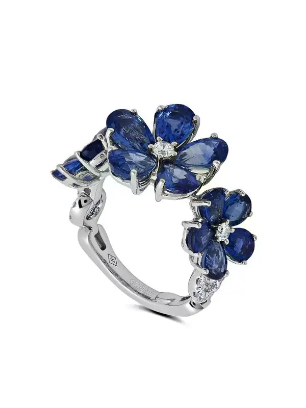 JEWELS AFICIONADO 18k White Gold Sapphire And Diamond Flower Ring - Silver