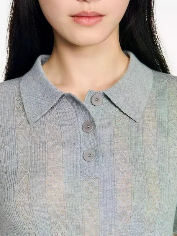 Sandro Pointelle-knit Wool Polo Top - Grey
