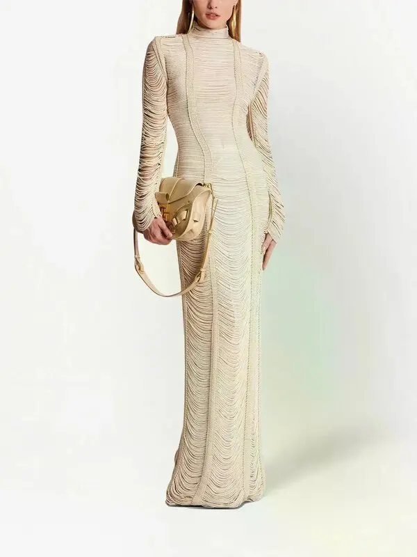 Balmain Macramé Long-sleeve Maxi Dress
