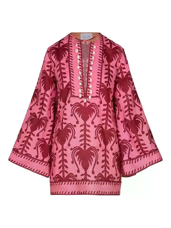 Johanna Ortiz Graphic Print Tunic Dress With Shell Embellishment - Pink