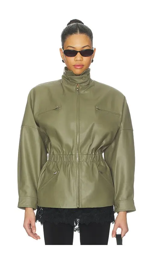 AEXAE Leather Cinched Mid Jacket - Olive