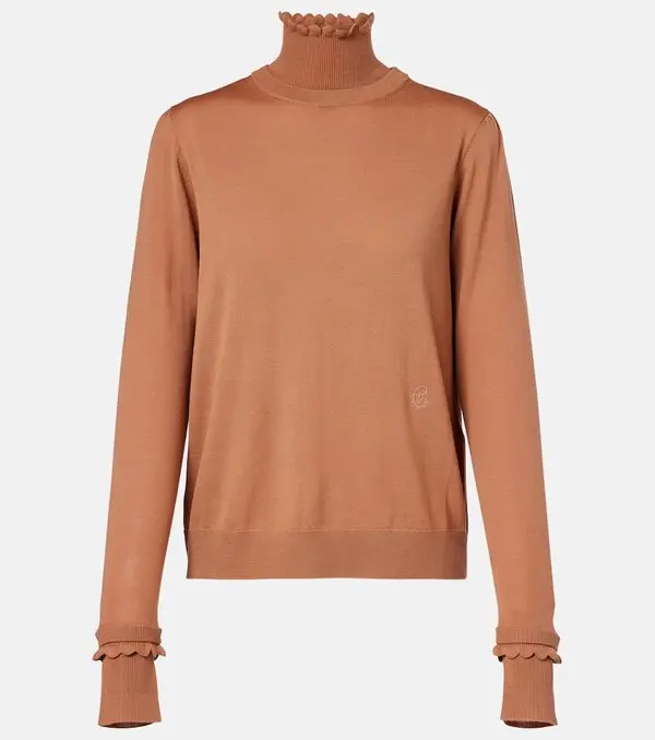 Chloé Ruffled Wool Turtleneck Sweater - Brown