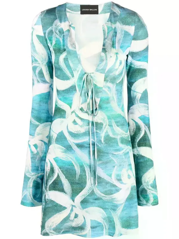 LOUISA BALLOU Floral Print Long Sleeve Mini Dress - Blue