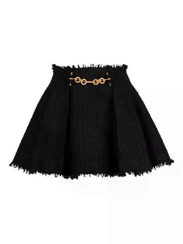 Balmain Pleated Flared Tweed Skirt With Chain Embellishment