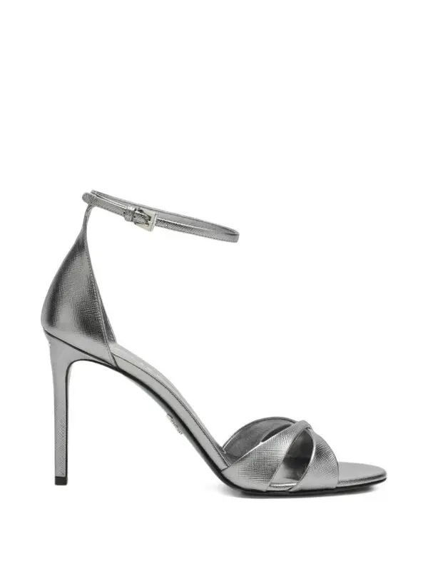 Prada Leather Heeled Sandals - Silver