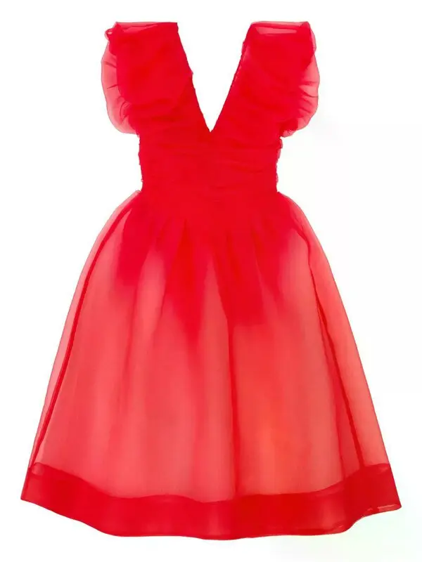 GANNI Organza Ruched Puff Sleeve Dress - Red