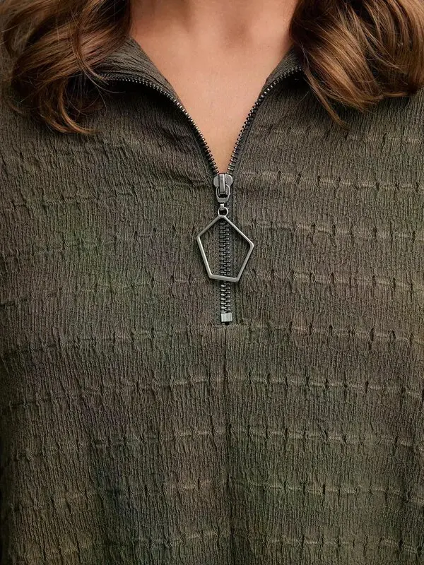 Joseph Ribkoff Zip Textured Top With Stand-up Collar - Brown