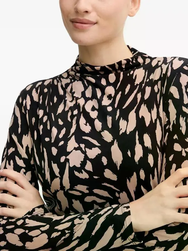 Joseph Ribkoff Printed Ruched Mock Neck Blouse - Black