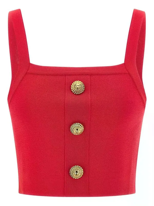 Balmain Square Neck Top With Lion Button Detail - Red
