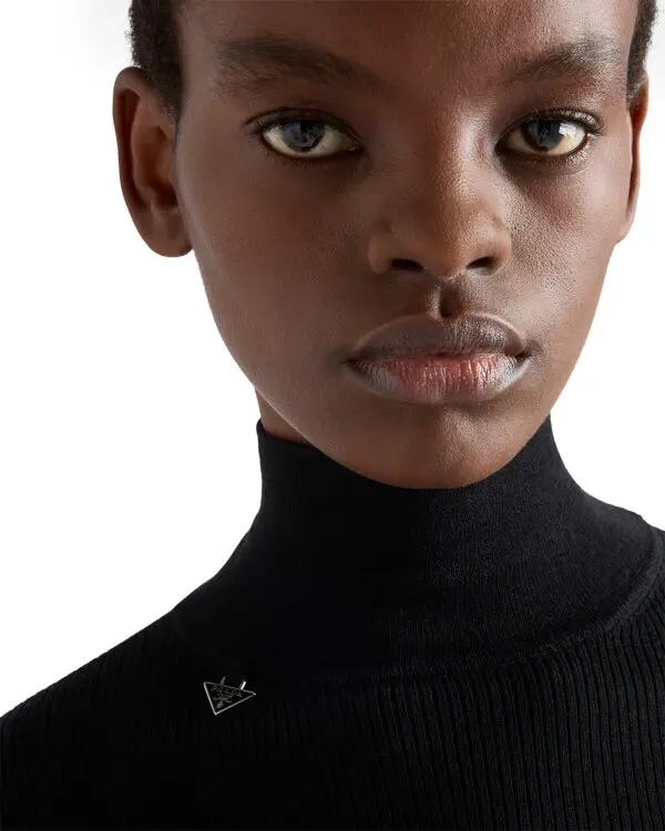 Prada Ribbed Knit Wool Turtleneck With Enamelled Triangle Logo