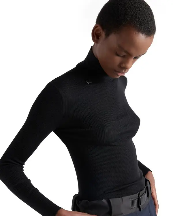 Prada Ribbed Knit Wool Turtleneck With Enamelled Triangle Logo