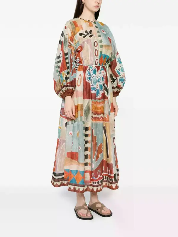 ALEMAIS Patchwork Tie-belt Midi Dress - Red