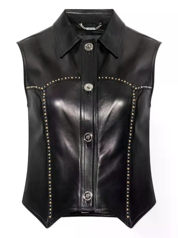 Versace Leather Sleeveless Shirt With Stud Embellishments