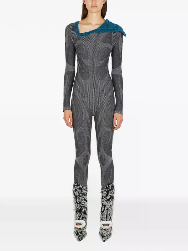 PAOLINA RUSSO Asymmetrical Collar Rib Knit Jumpsuit - Grey